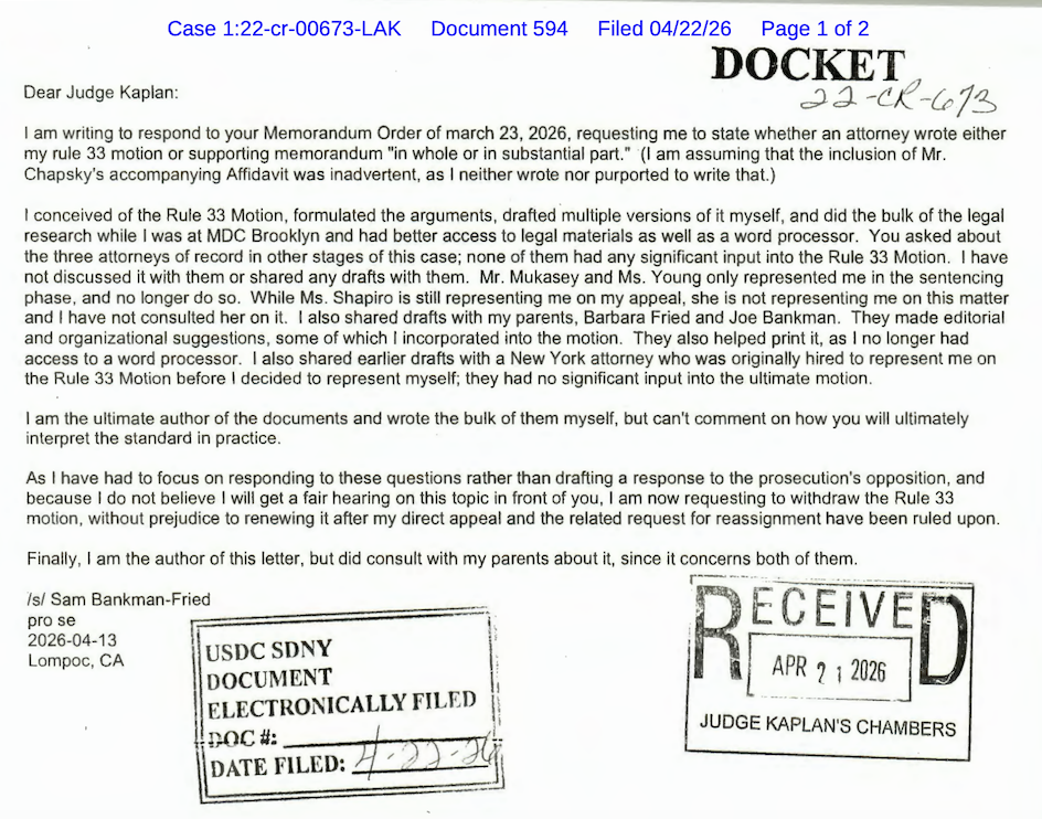 Ex-FTX CEO Withdraws Motion for a New Trial, Still Asks for New Judge