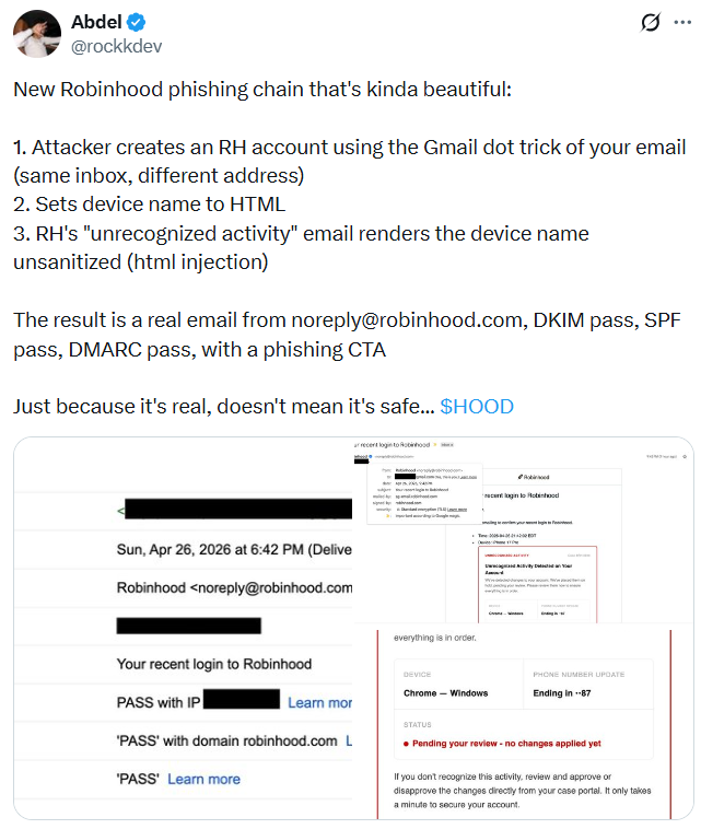 Robinhood Phishing Scam Uses Gmail Dot Trick to Send Real Emails