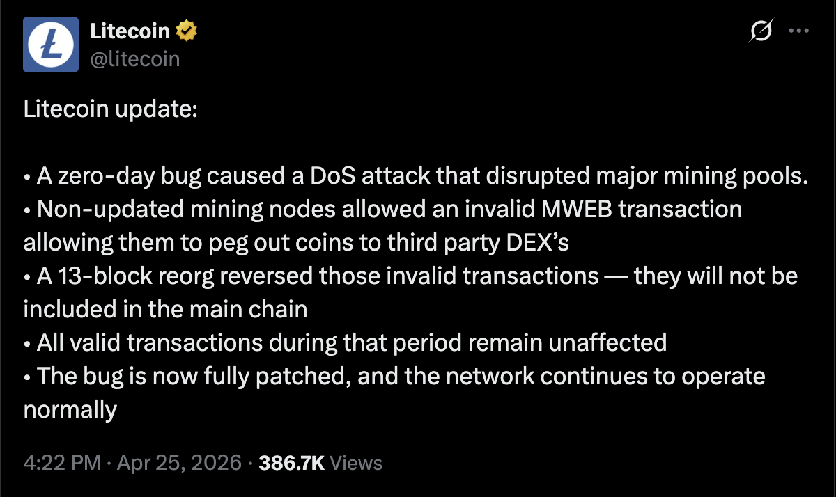 Litecoin Provides Post-Mortem Update On 13-Block Reorganization